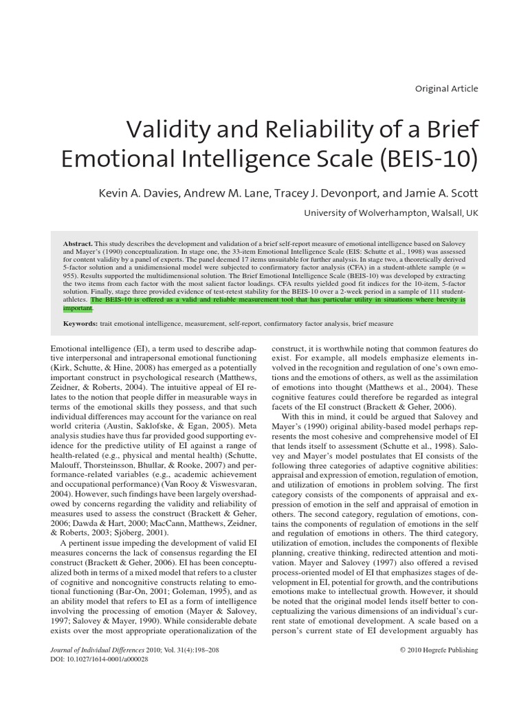 Validity and Reliability of A Brief Emotional Intelligence Scale BEIS ...