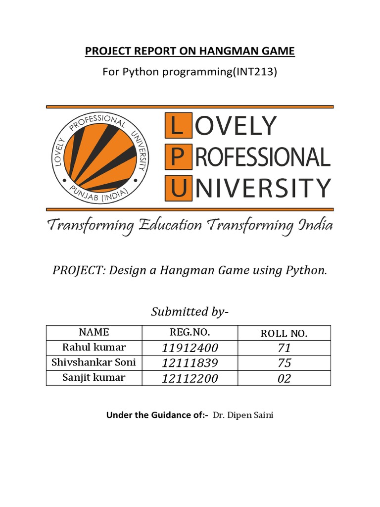 Project Report On Hangman Game | PDF