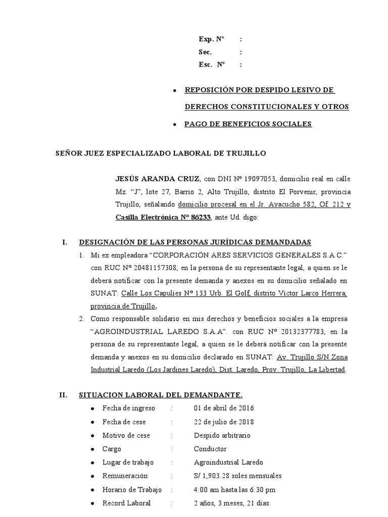 Demando Pago Beneficios Sociales-Jesus Aranda-Are | PDF