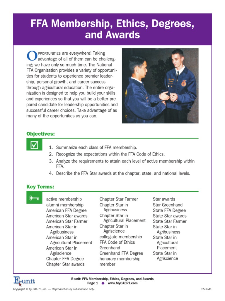 FFA Membership, Ethics, Degrees, and Awards: Objectives | PDF | Student ...