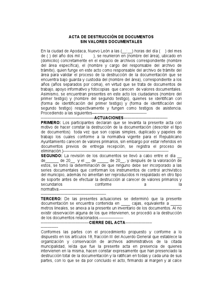 Acta Destrucción de Documentos Sin Valor Documental | Descargar gratis PDF | Gobierno