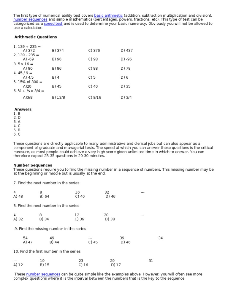 Basic Arithmetic Number Sequences Speed Test | PDF | Arithmetic ...