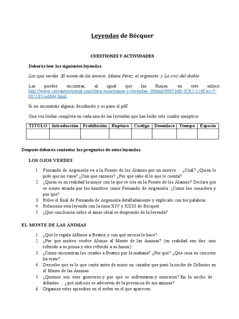 Leyendas de Bécquer. Actividades | PDF