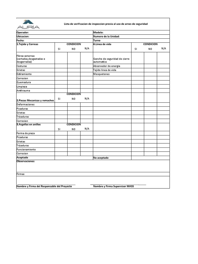 Check List para Arnes de Seguridad | PDF