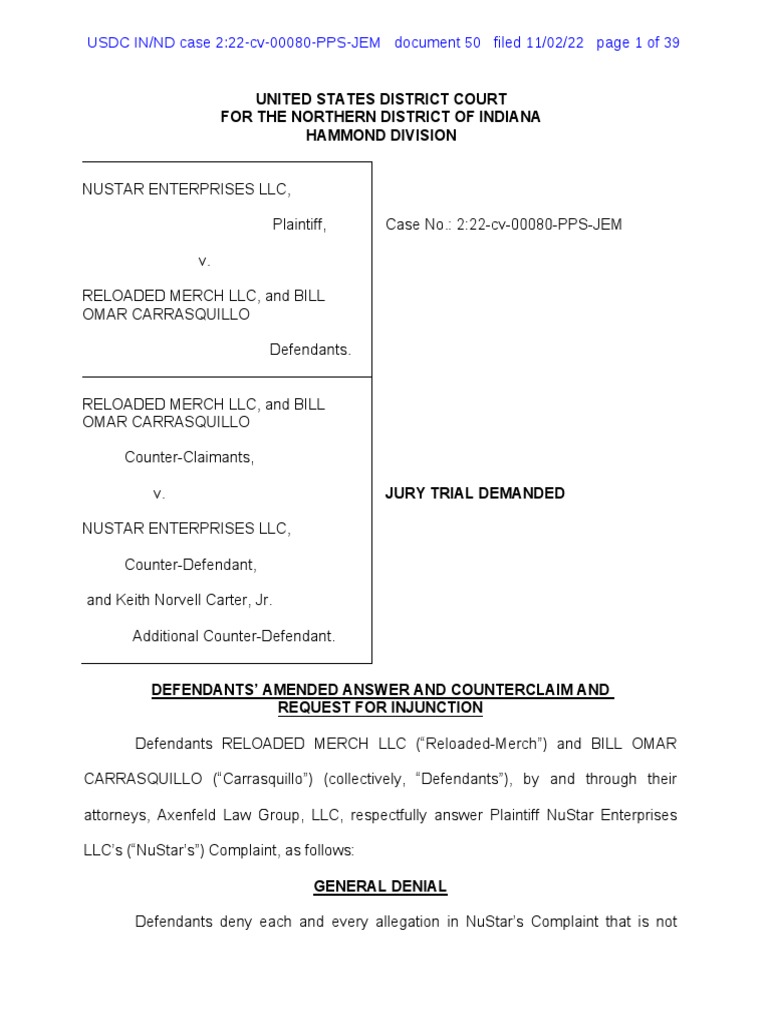 Defendants Amended Answer and Counterclaims | PDF | Trademark | Complaint