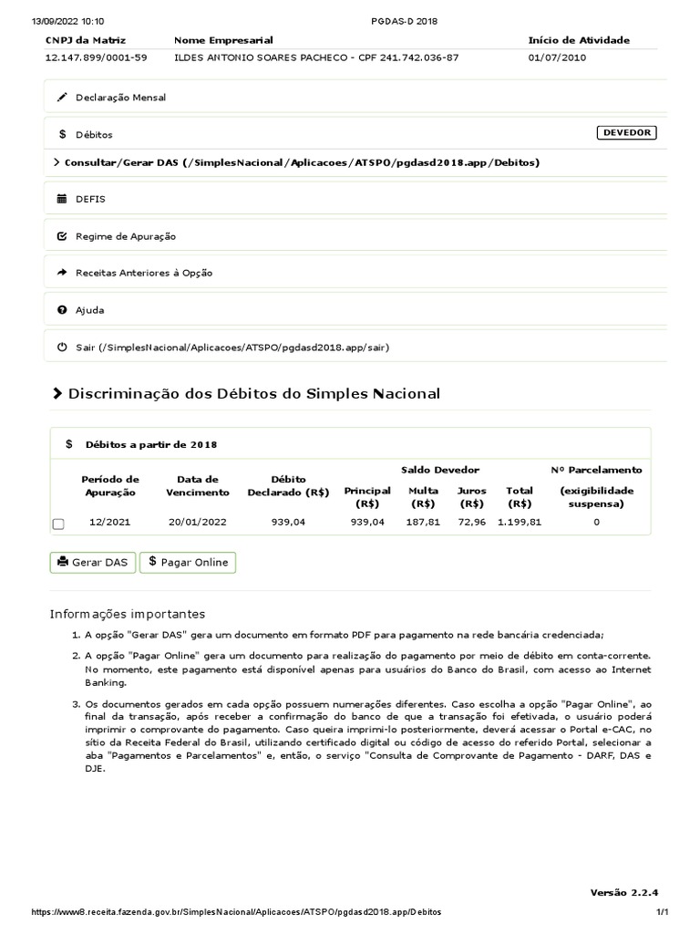 Pcmae - Guia Pgdas-D 2018 Ildes-1 | PDF | Conta de transação | Informática