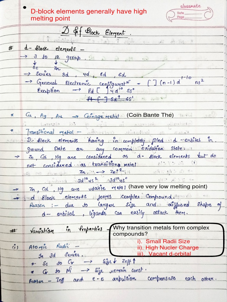 D and F Block Class 12th Notes | PDF
