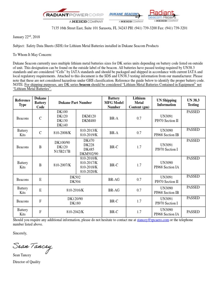 Safety Data Sheets and UN38.3 Testing Information for Lithium Metal ...
