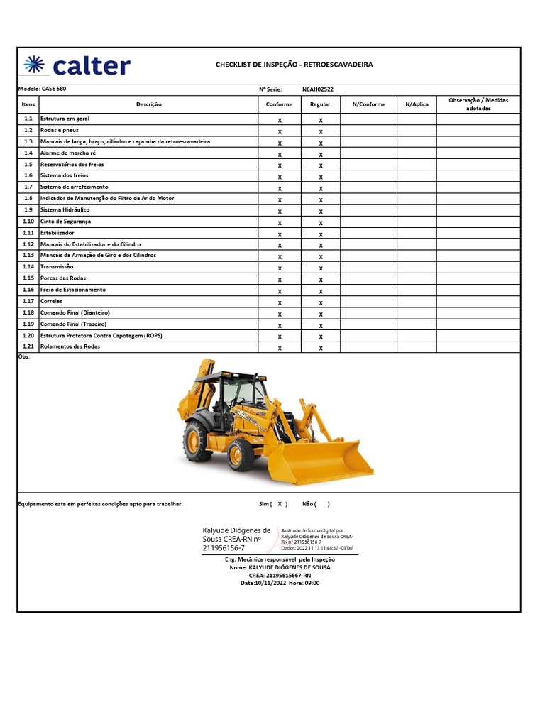 CHECKLIST RETROESCAVADEIRA | PDF | Transporte | Classificação dos ...