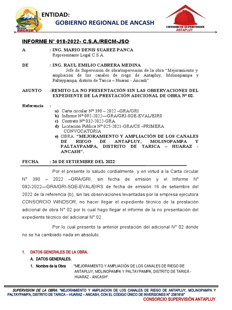 Informe #00 Levan de Observaciones Al Adicional de Obra N - 02 | PDF | Hormigón | Presupuesto