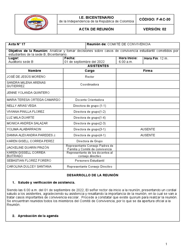 ACTA COMITE de Convivencia Sede B (Sandra Arenas) | PDF | Desorden hiperactivo y deficit de ...