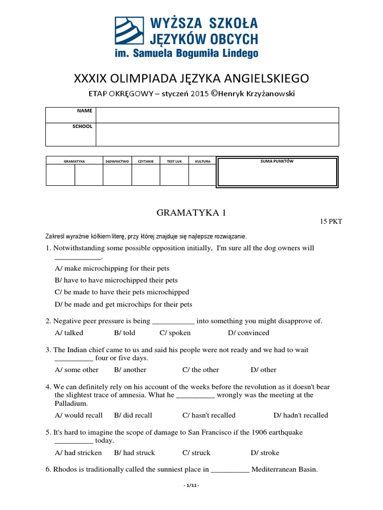Xxxix Olimpiada Języka Angielskiego: ETAP OKRĘGOWY - Styczeń 2015 ©henryk Krzyżanowski | PDF