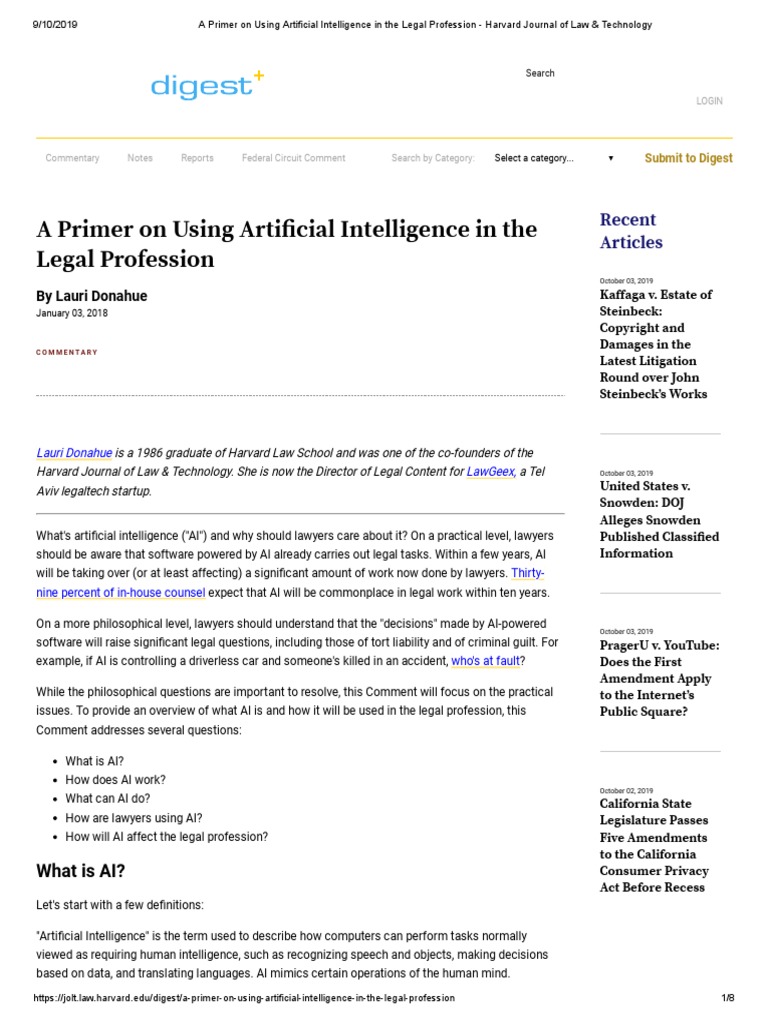 A Primer On Using Artificial Intelligence in The Legal Profession - Harvard Journal of Law ...