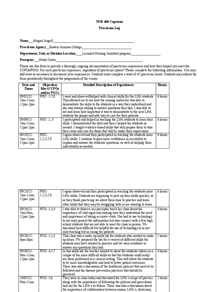 Nur 460 Capstone Practicum Log | Download Free PDF | Nursing | Health Care