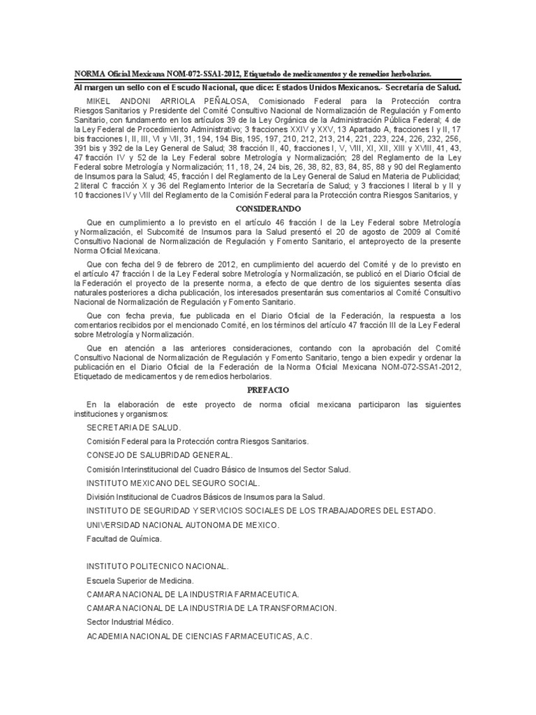 NORMA Oficial Mexicana NOM-072-SSA1-2012, Etiquetado de Medicamentos y ...