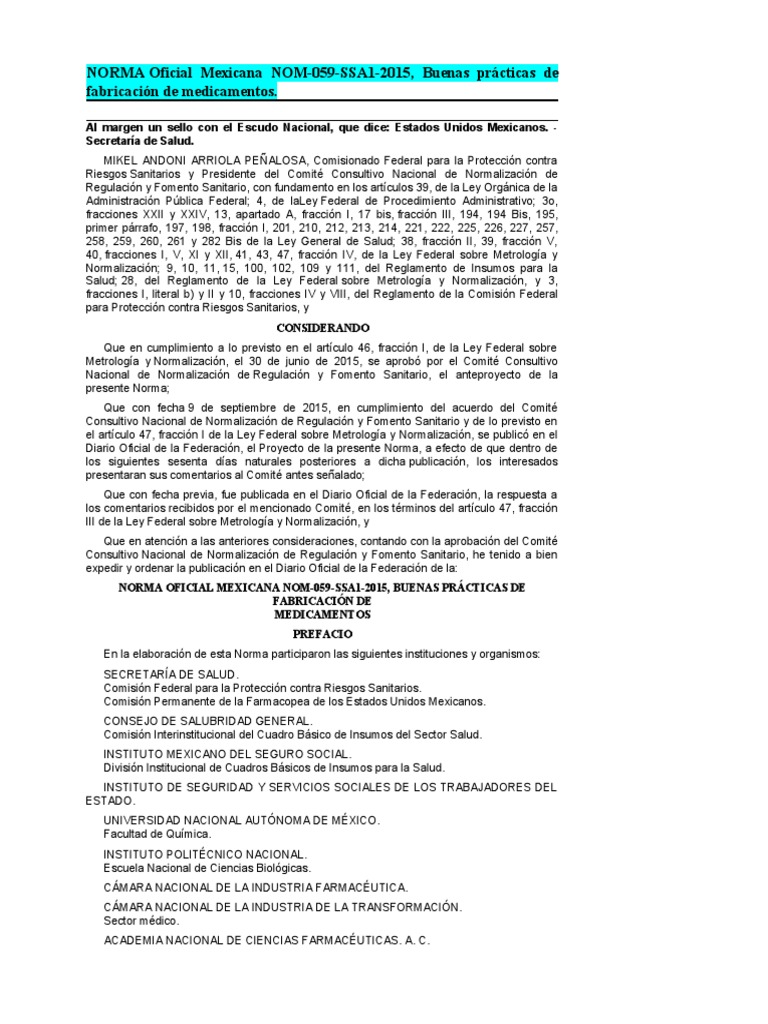 NORMA Oficial Mexicana NOM-059-SSA1-2015, Buenas Prácticas de Almacenamiento de Medicamentos ...