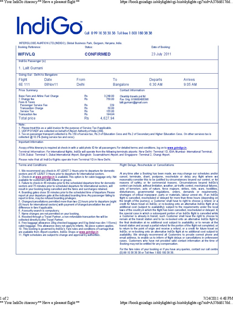 Your IndiGo Itinerary 1107234179 | Airport | Fee