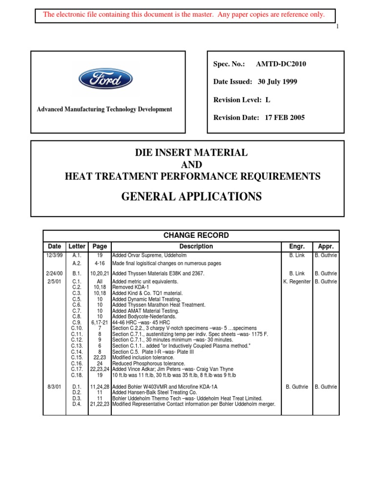 Die Material Spec Ford | PDF | Heat Treating | Forging
