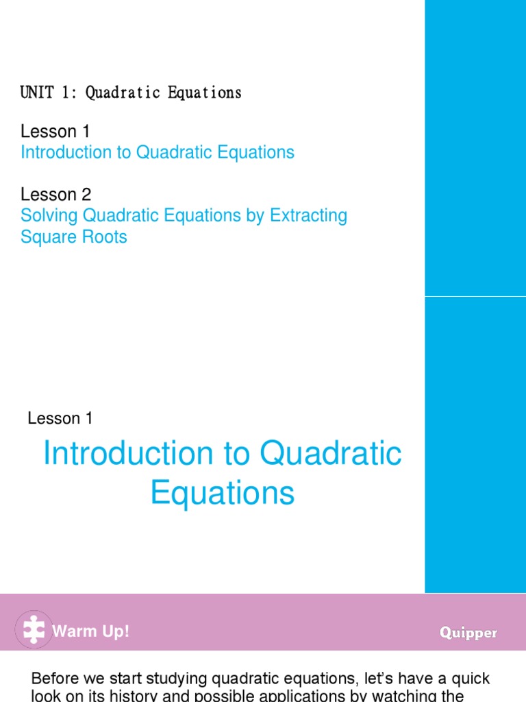 Lesson 1: UNIT 1: Quadratic Equations | PDF | Equations | Quadratic ...