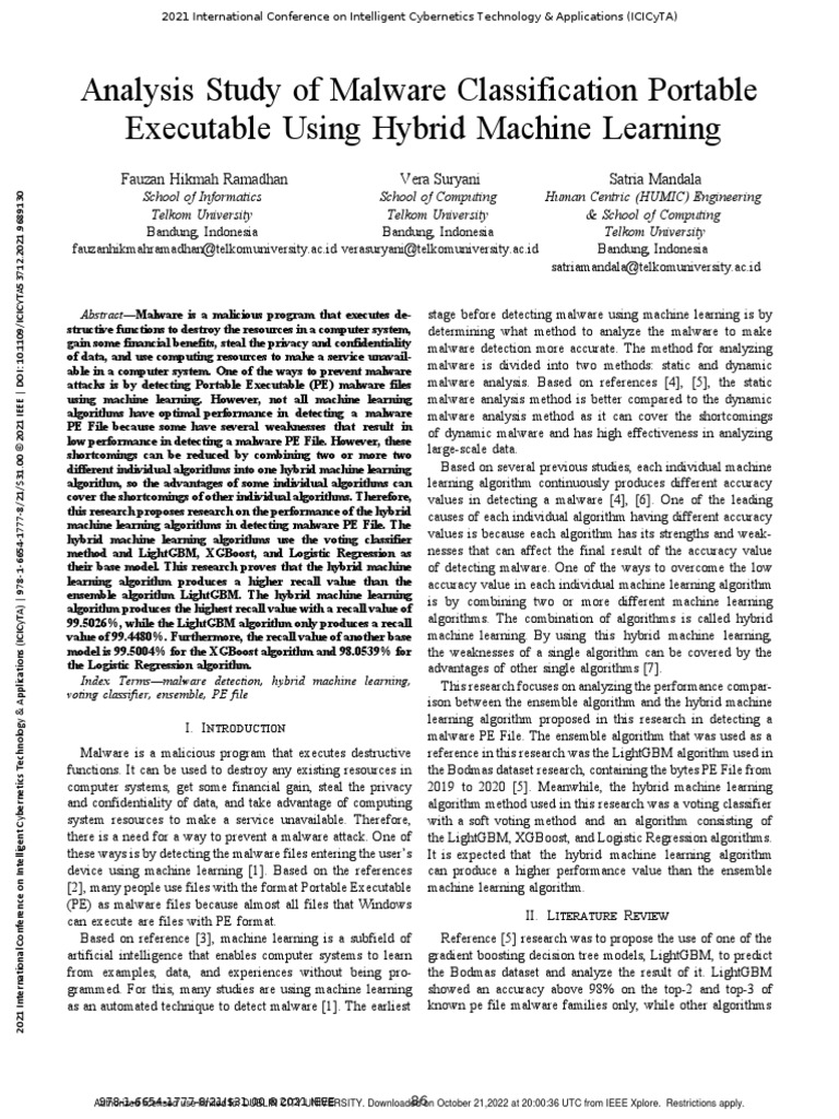 Analysis Study of Malware Classification Portable Executable Using Hybrid Machine Learning ...