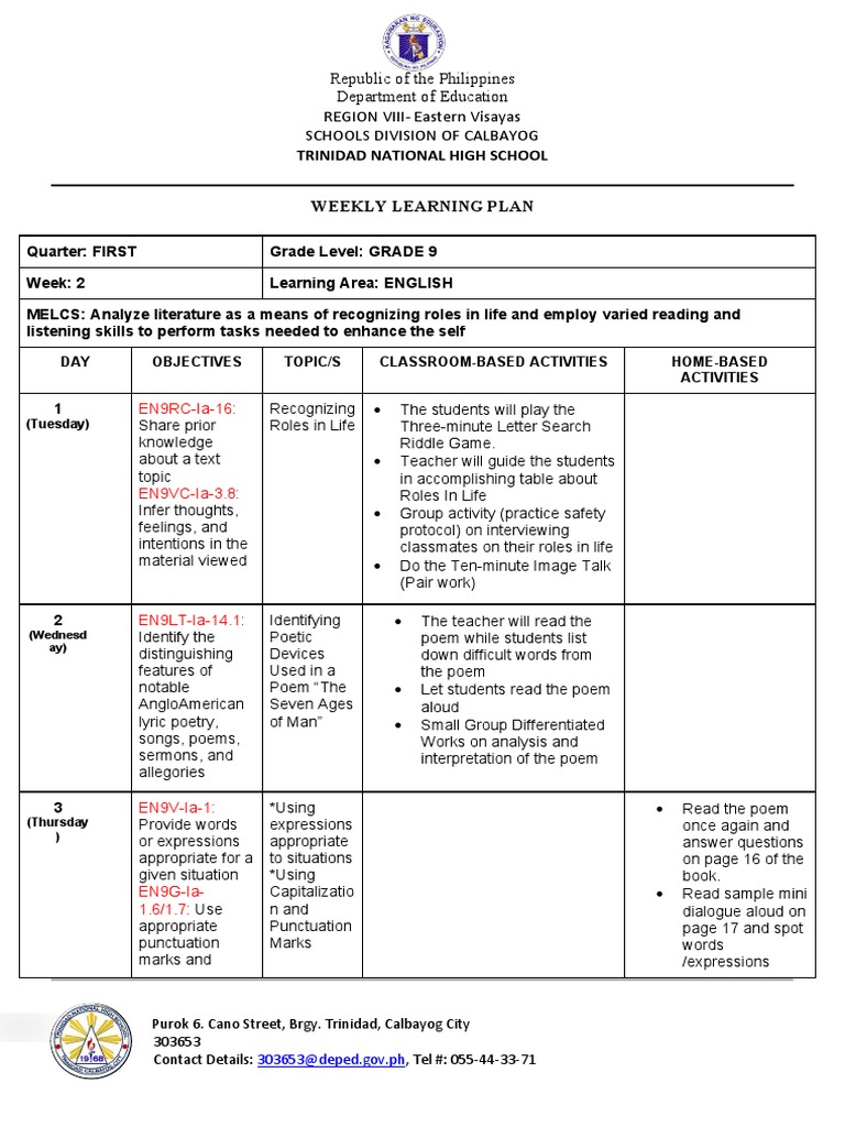 Weekly Learning Plan Landscape | PDF