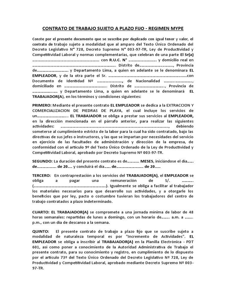 Contrato de Trabajo Sujeto A Plazo Fijo - Regimen Mype | PDF | Derecho laboral | Economias