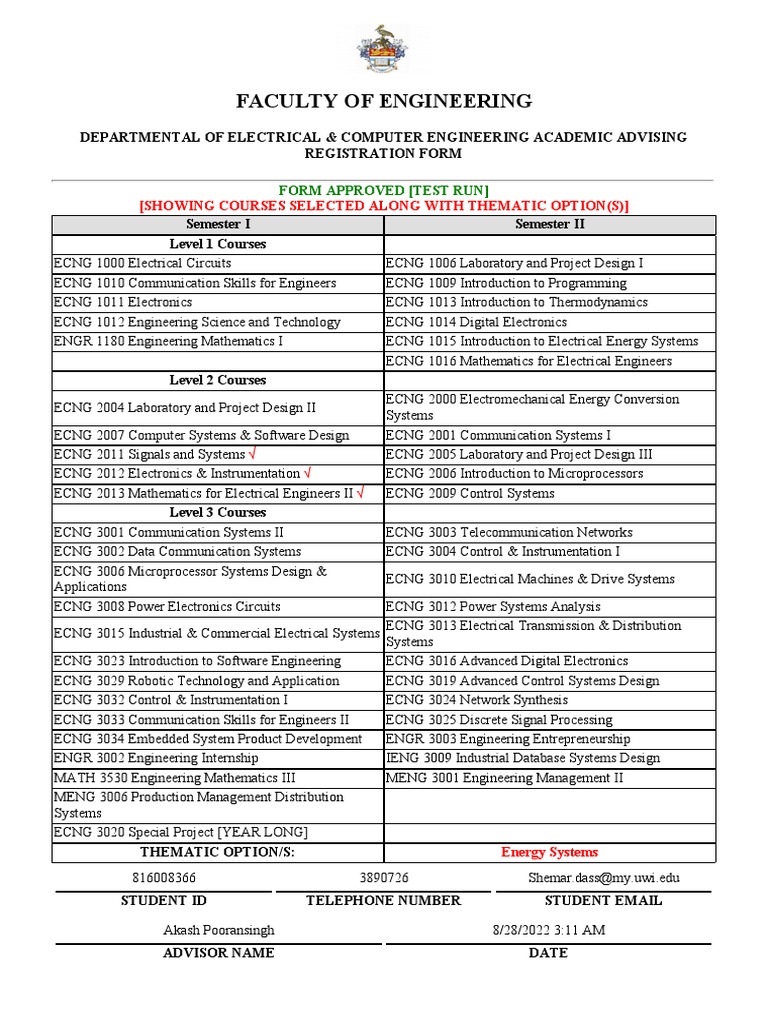 Shemar DassApproved Advising Form | PDF | Electrical Engineering | Engineering