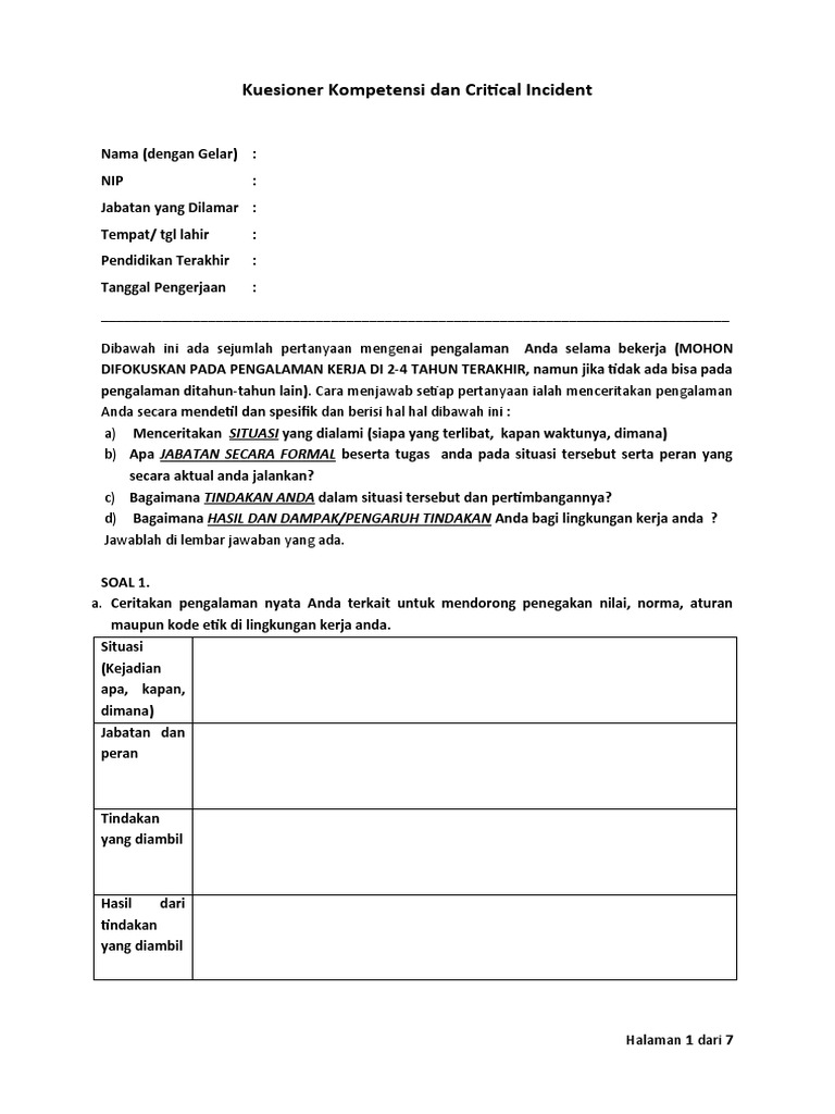 Kuesioner Kompetensi Dan Critical Incident | PDF