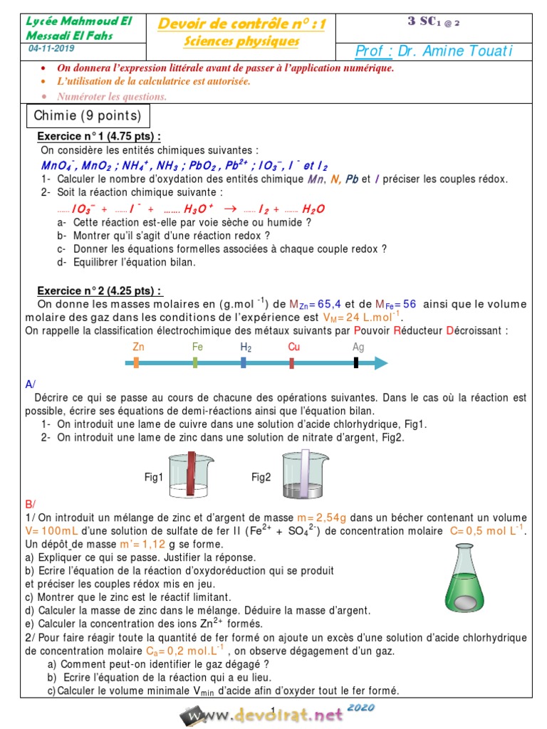 Devoir de Contrôle N°1 Lycée Pilote - Sciences Physiques - 3ème Sciences Exp (2019-2020) MR ...