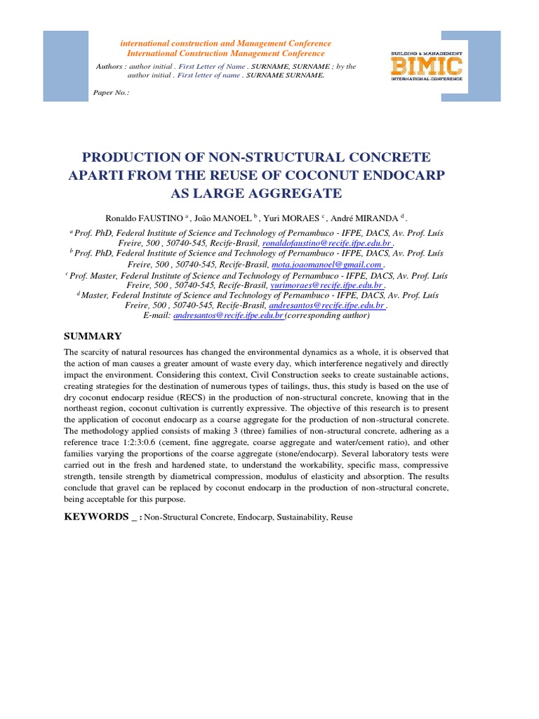 Production of Non-Structural Concrete Aparti From The Reuse of Coconut ...