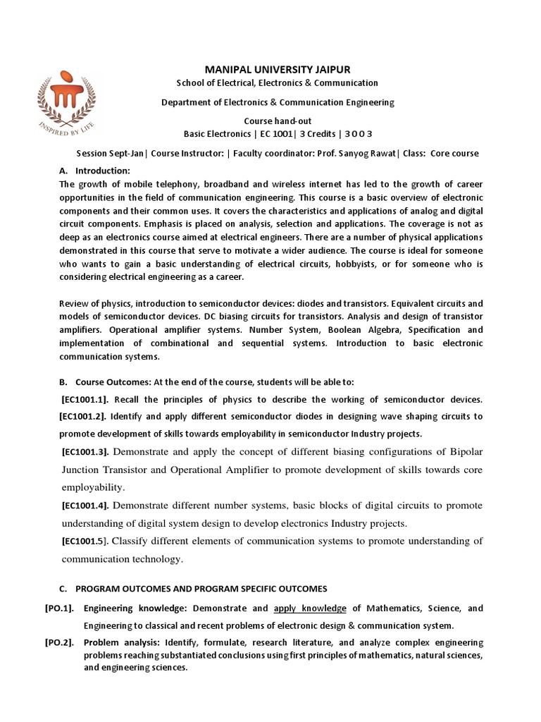EC1001 Course Handout | PDF | Engineering | Operational Amplifier