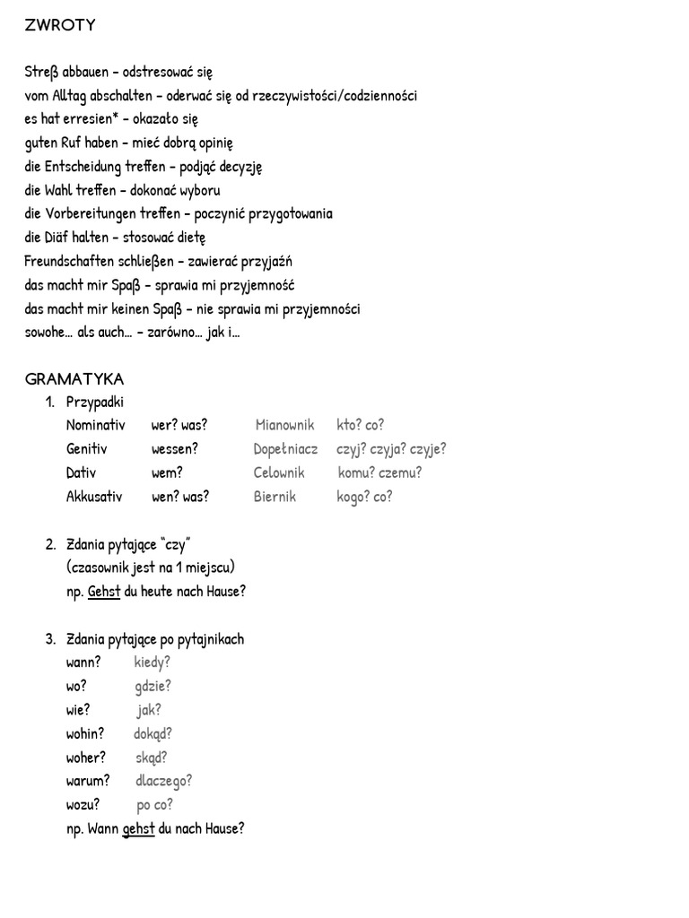 Niemiecki-Zwroty I Gramatyka | PDF