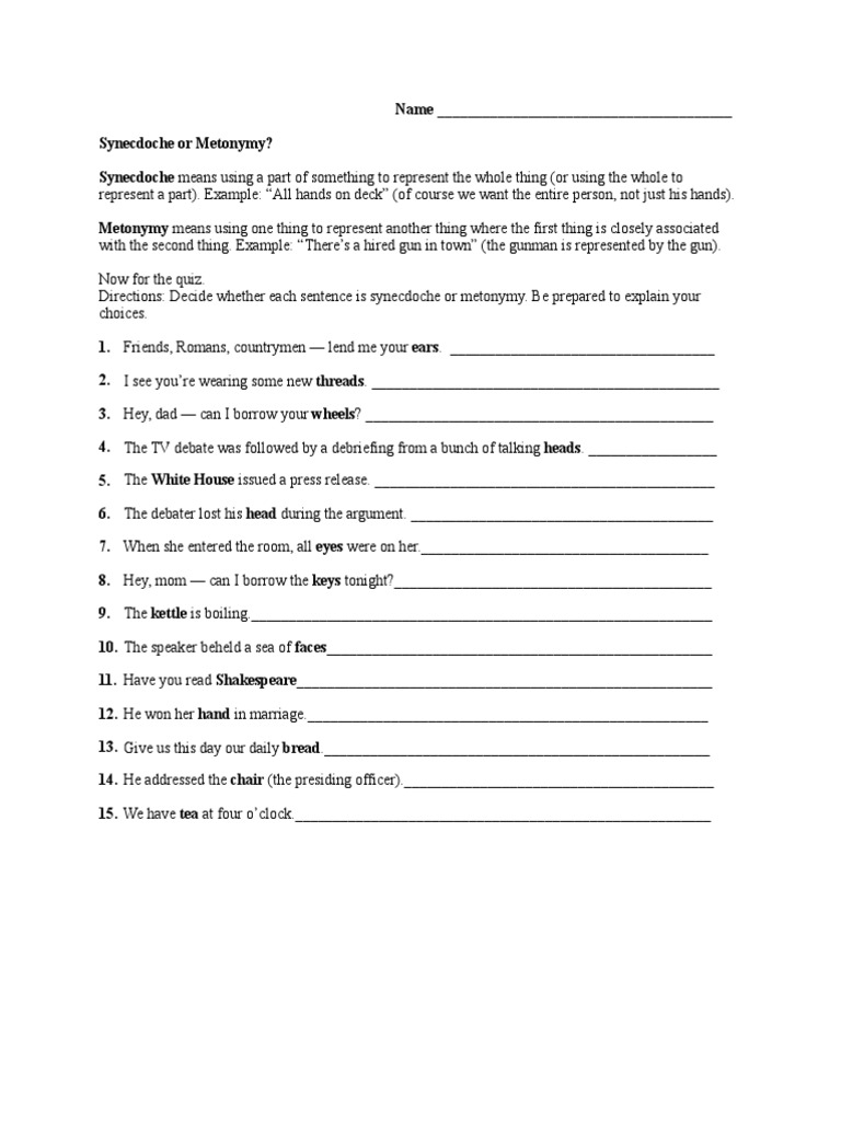 Synecdoche or Metonymy Exercise | PDF