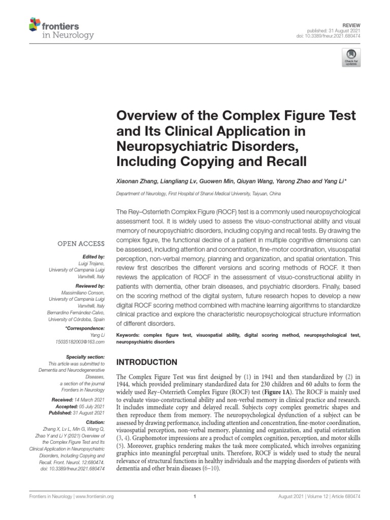 Overview of The Complex Figure Test and Its Clinical Application in ...