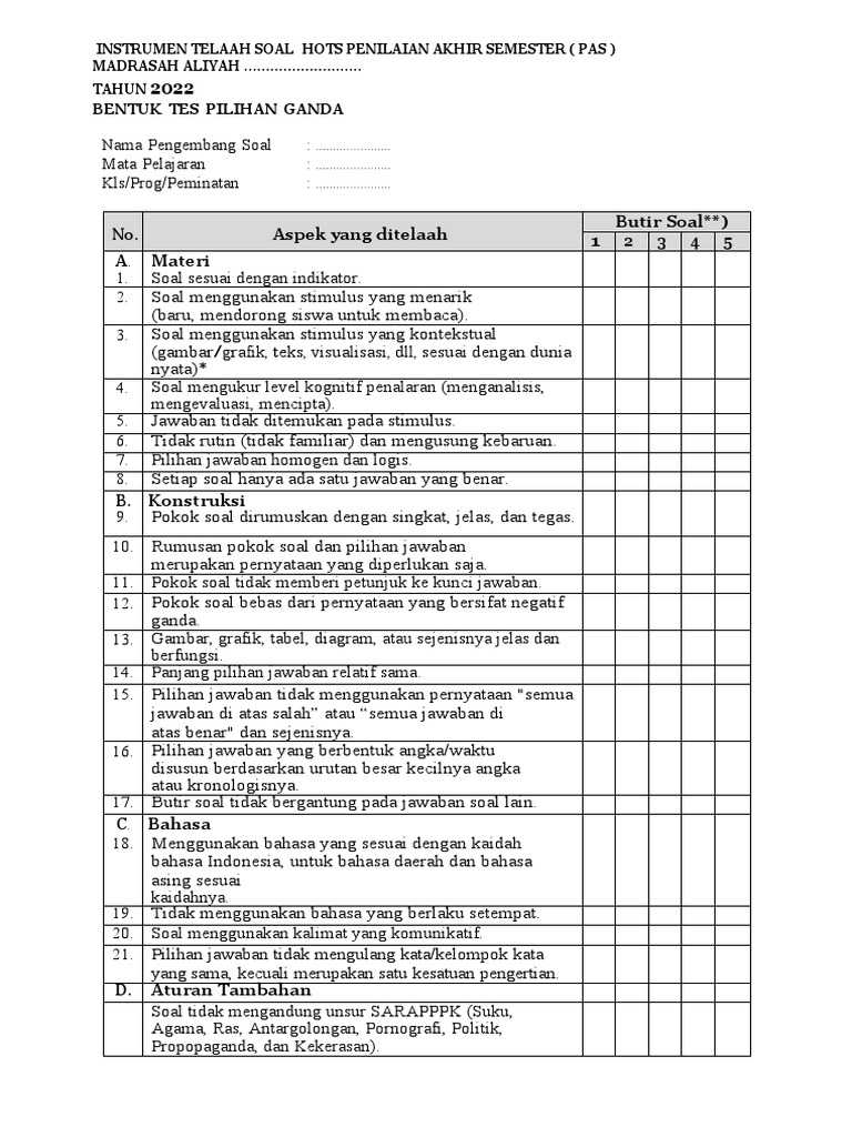 Contoh Instrumen Telaah Soal Hots-PAS | PDF