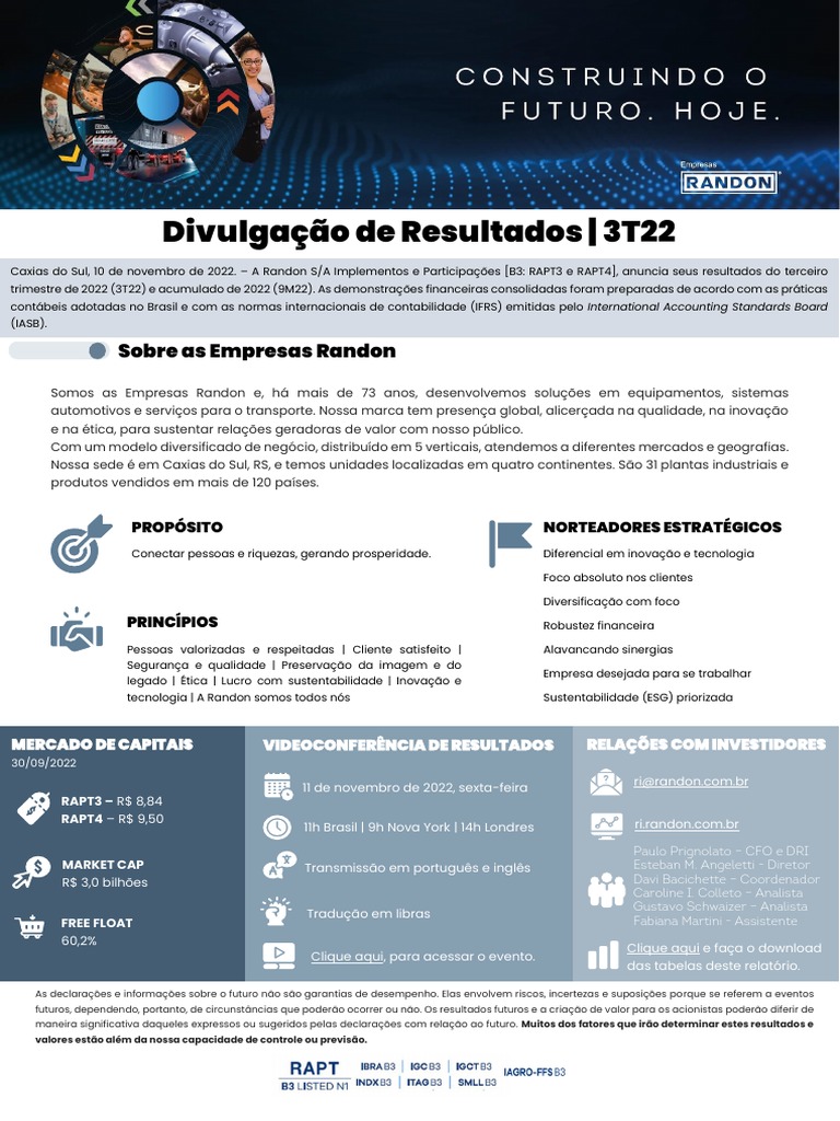 Press Release Do Resultado Da Randon Do 3t22 | PDF | Inovação | Inflação