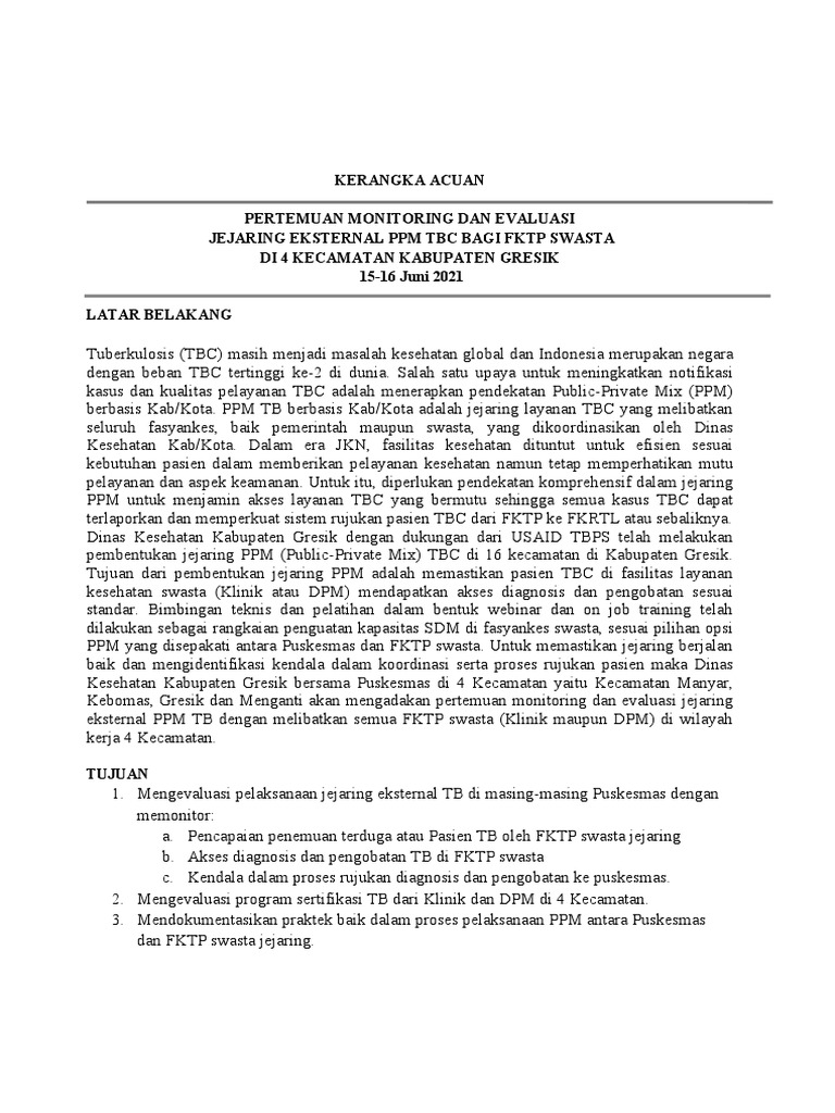 TOR Monev PPM TB Di 4 Kecamatan Kab Gresik Juni 2021 | PDF