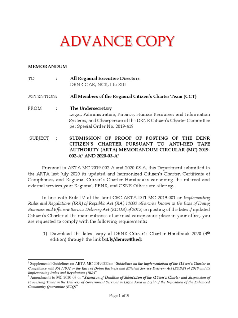Advance Copy Memo Re Citizens Charter Posting 2020 | PDF | Government
