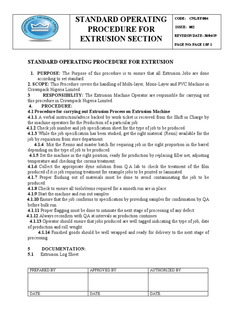 Sop For Extrusion | PDF