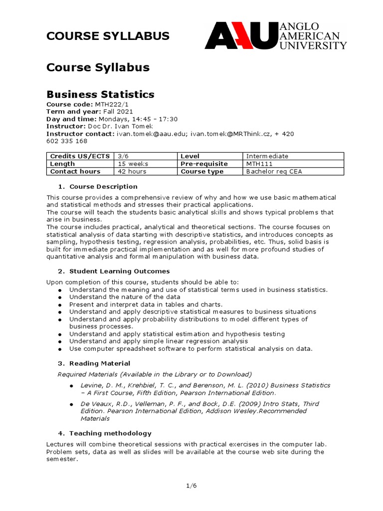 Business Statistics Course Syllabus | PDF | Statistics | Analysis