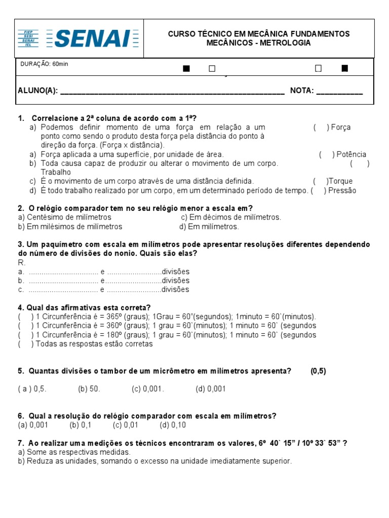 Prova de Metrologia | PDF