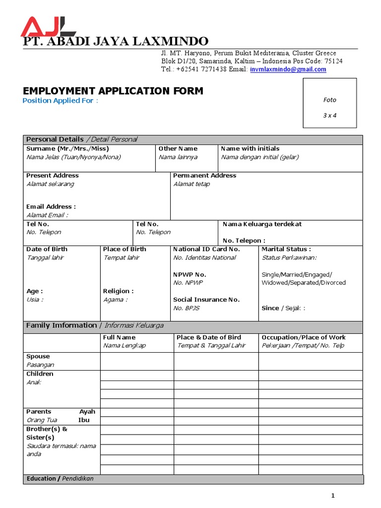 FM Biodata Diri PT. Abadi Jaya Laxmindo | PDF
