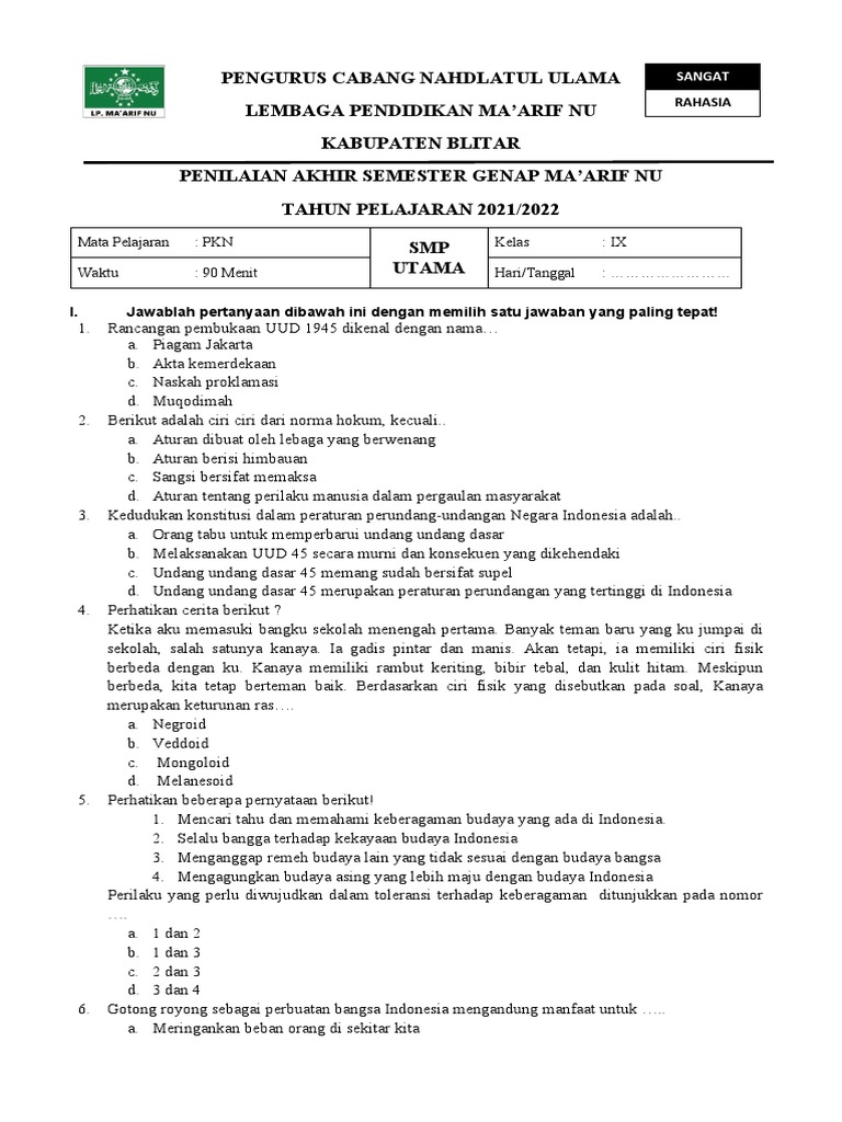 Soal Utama Pas Genap PKN Ix | PDF