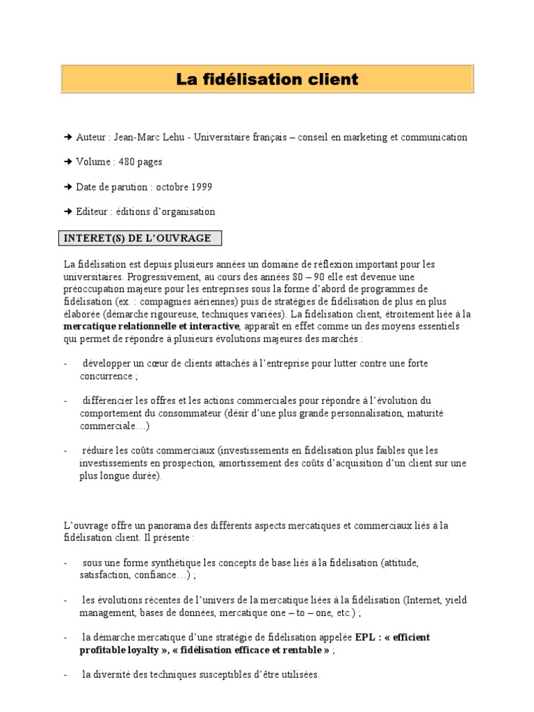 Fidelisation Client-Fiche de Lecture | PDF | Commercialisation | Sodles