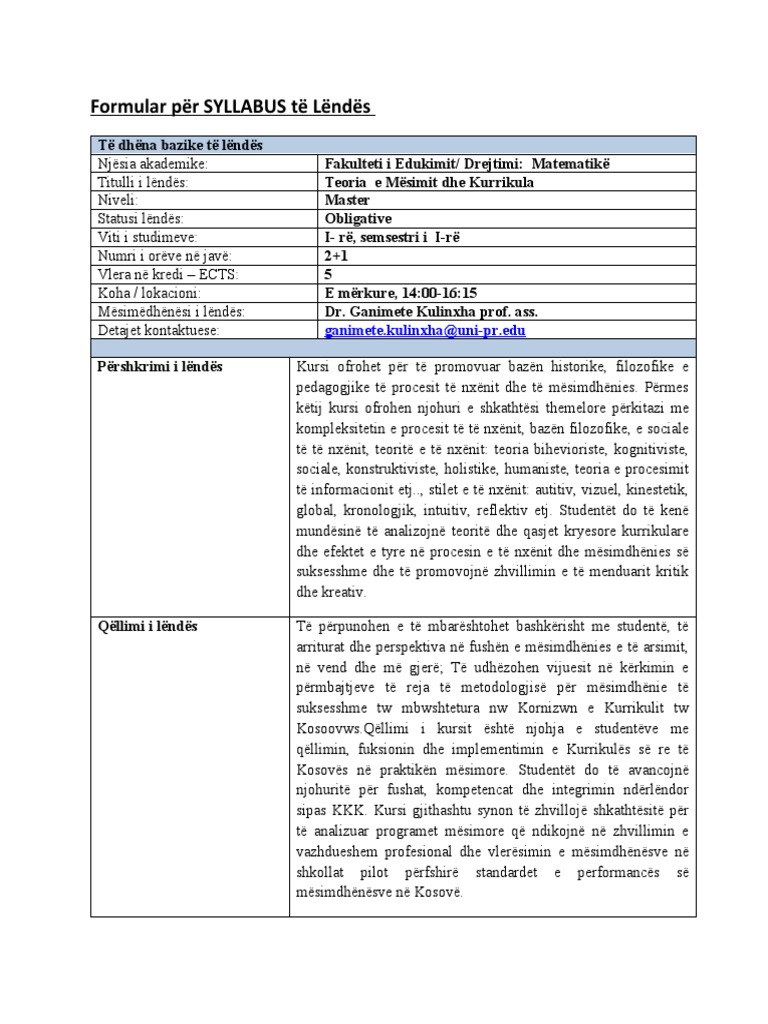 2020 Syllabus - Teoria Emësimit Dhe Kurrikula | PDF