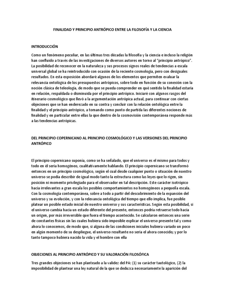 Finalidad y Principio Antrópico Entre La Filosofía y La Ciencia | PDF