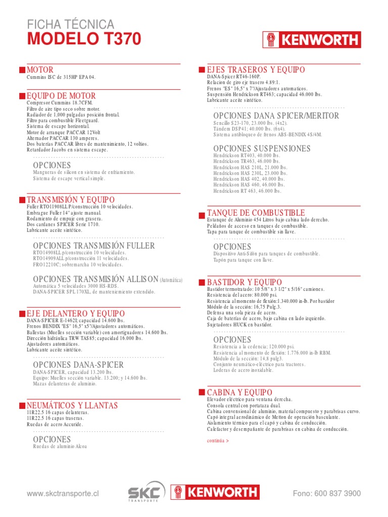 Ficha Tecnica KW-T370 | PDF | Camión | Neumático
