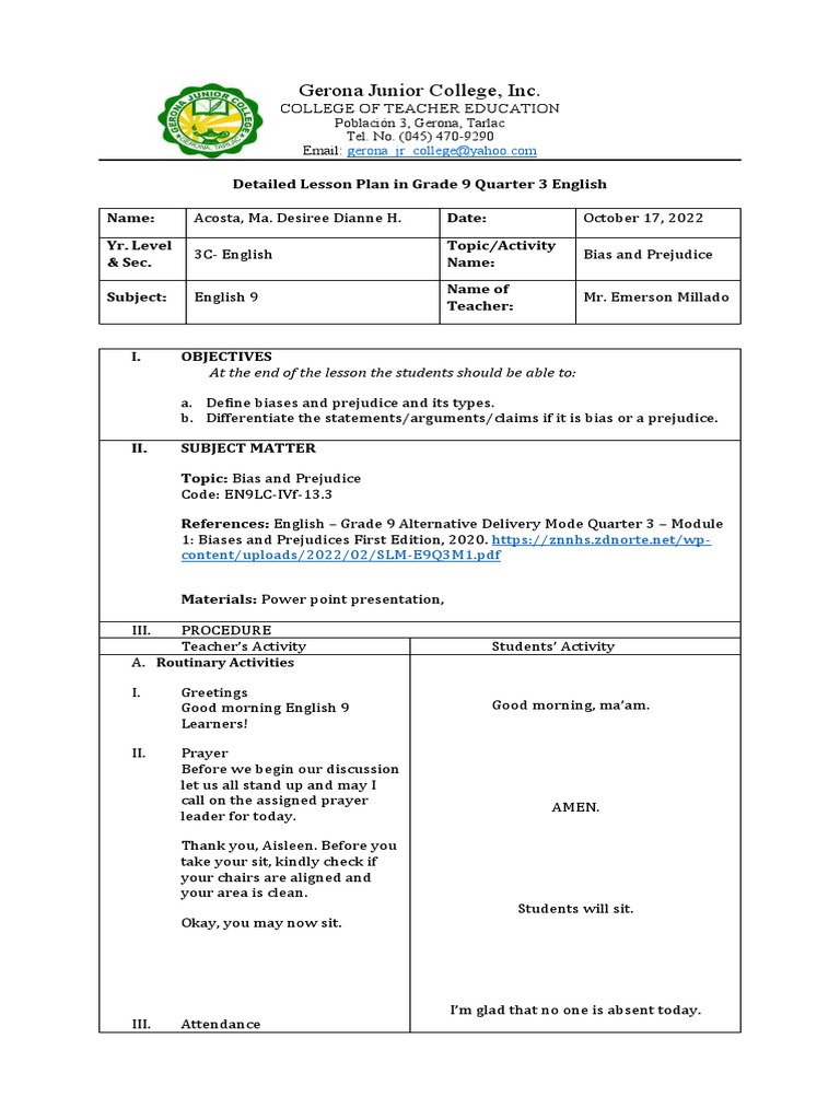 Grade 9 English Lesson Plan: Bias & Prejudice | PDF | Teachers | Bias
