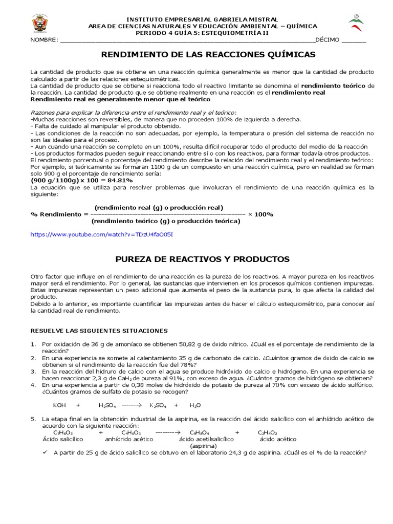 Guia 5 Rendimiento y Pureza Decimo P4 | PDF | Reacciones químicas | Estequiometría