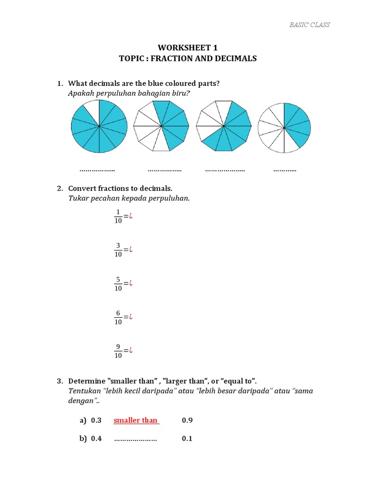 Worksheet Fraction - Decimals | PDF